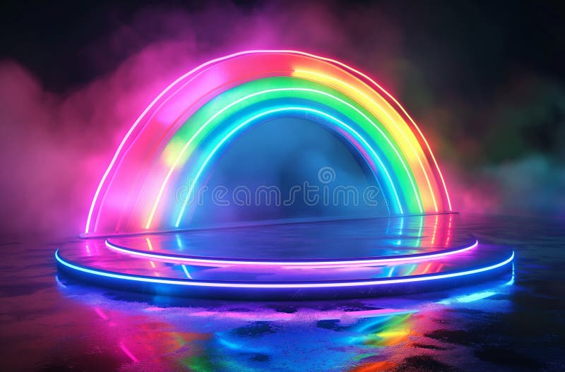 Neon Rainbow Stage with Fog Stock Photo - Image of generated, stage ...