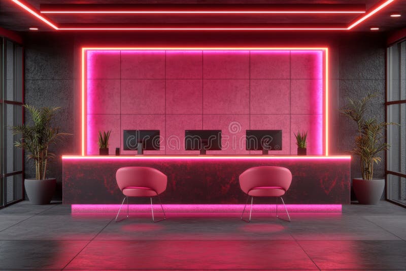 Neon Reception Desk Illuminated by Glowing Pink Light Symbolizing ...