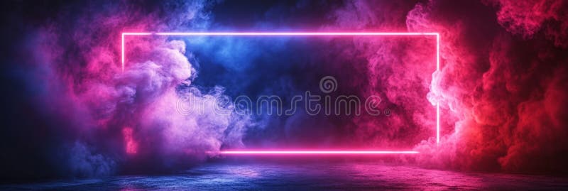 Neon Rectangle Frame Illuminating Colorful Smoke in a Dark Environment ...