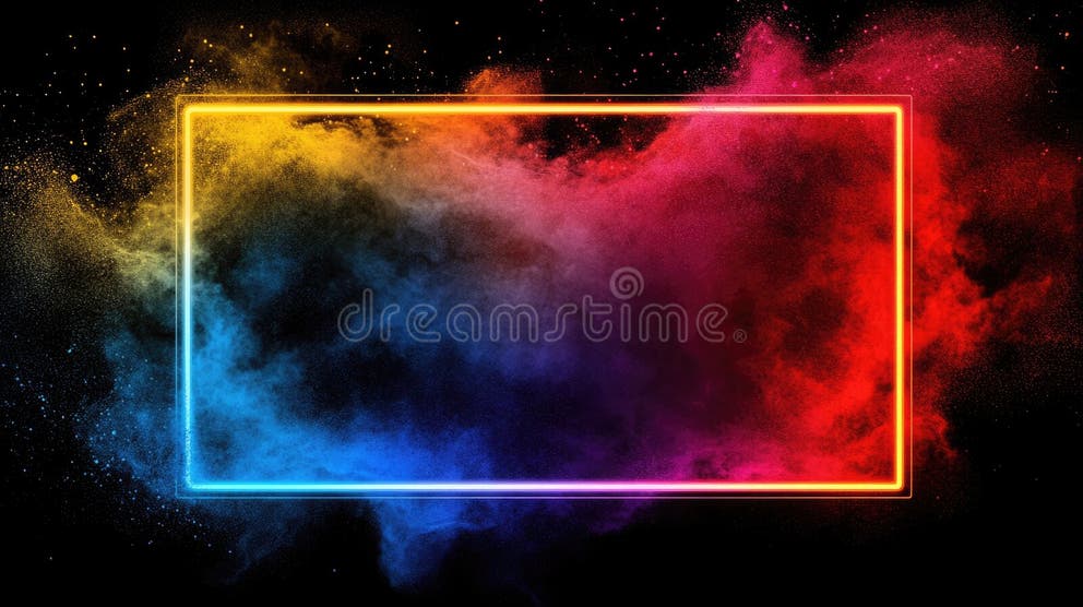 Neon Rectangular Frame Glowing with Colourful Light on Black Smoky ...