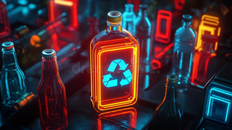 Neon Recycling Bottle in Digital Art Setting Stock Illustration ...
