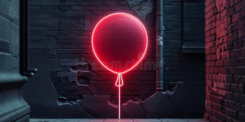 Neon Red Balloon Sign on Dark Brick Wall Stock Photo - Image of access ...