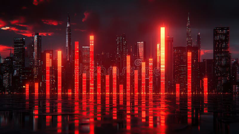 Neon Red City Skyline Reflecting Sound Waves at Night Stock ...