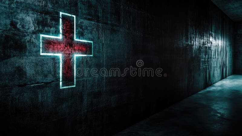 Neon Red Cross in Dark Corridor with Moody Lighting Stock Image - Image ...
