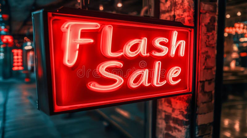Neon Red Flash Sale Sign Glowing Brightly in Urban Night Setting Stock ...