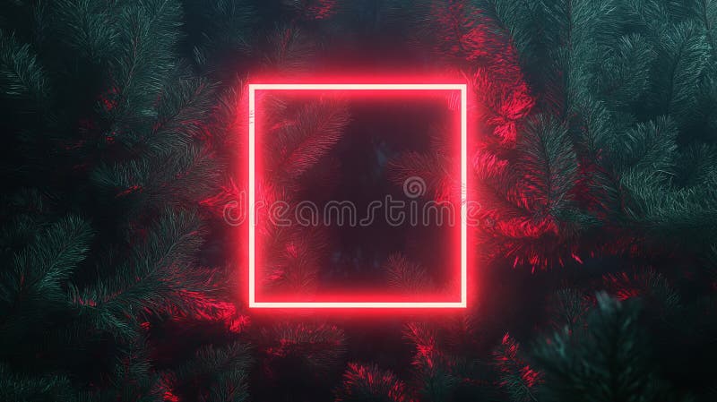 Neon Red Frame in Dark Forest, Mysterious Glowing Frame. Futuristic and ...
