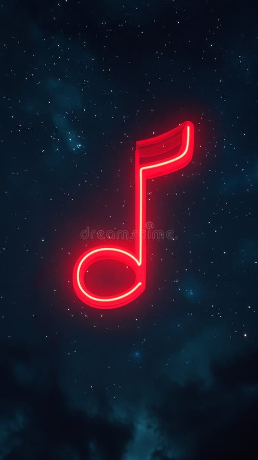 Neon Red Music Note Glowing Against a Starry Night Sky, Vibrant Visual ...