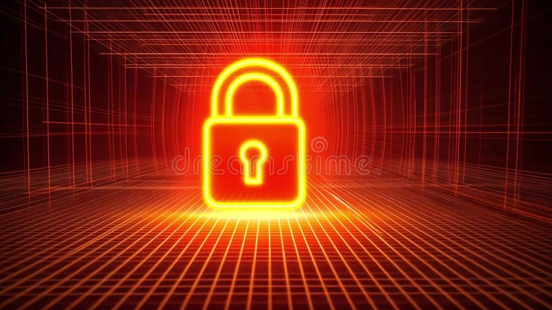 Neon Red Padlock Glows on Grid. Represents Security in Digital Space ...