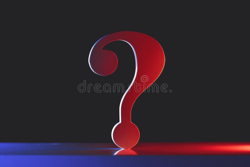 Neon Red Question Mark Symbol on a Blue Desk and Black Stock Photo ...