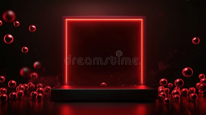 Neon Red Square with Glowing Frame and Floating Spheres in Dark Space ...