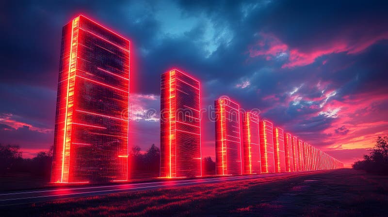 Neon Red Data Towers at Sunset Stock Illustration - Illustration of ...