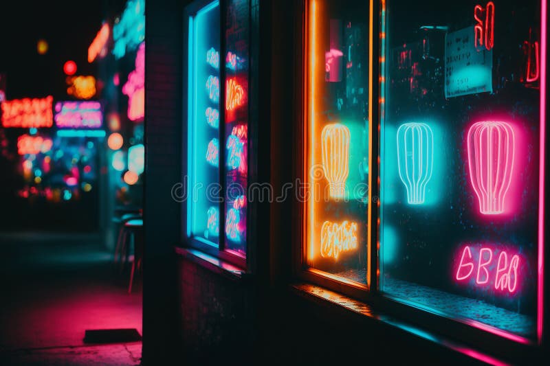Neon Retro Bar at Night. AI Generation Stock Illustration ...