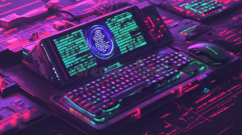 Neon Retro Cyber Computer stock illustration. Illustration of ...