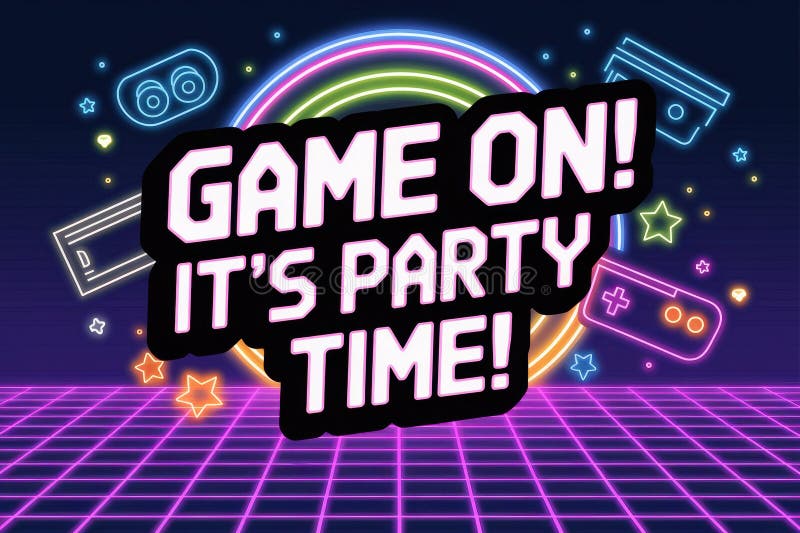 Neon Retro Gaming Party Theme with Bold Text and Vibrant Colors Stock ...