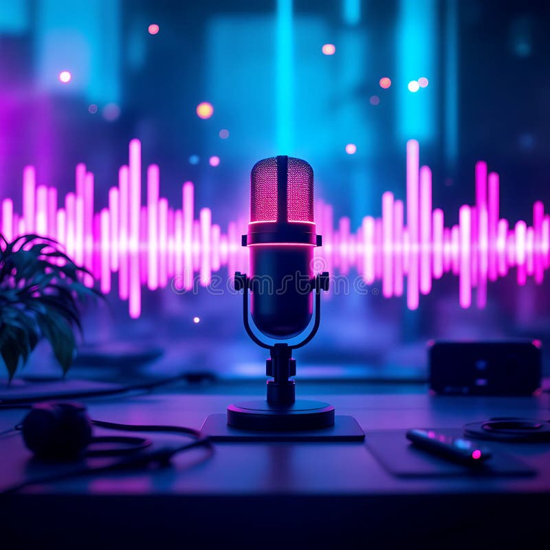 Neon Retro Microphone Recording Studio Setup with Vibrant Audio ...