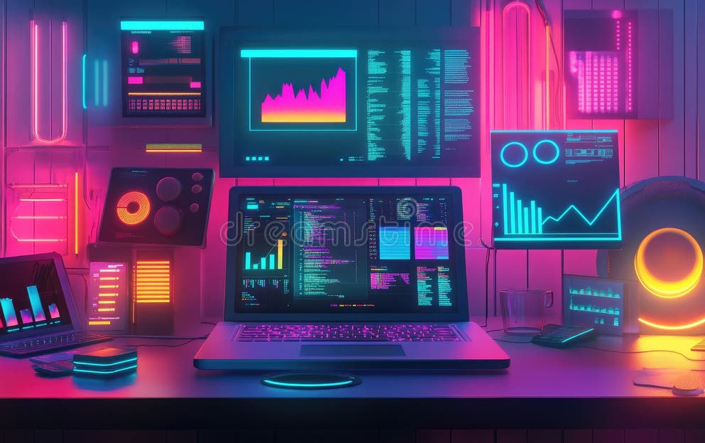 Neon Retro Tech Workstation Cyber Data Analytics Stock Illustration ...