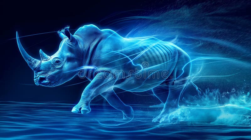 Neon Rhino Charging through Water Stock Image - Image of surreal ...
