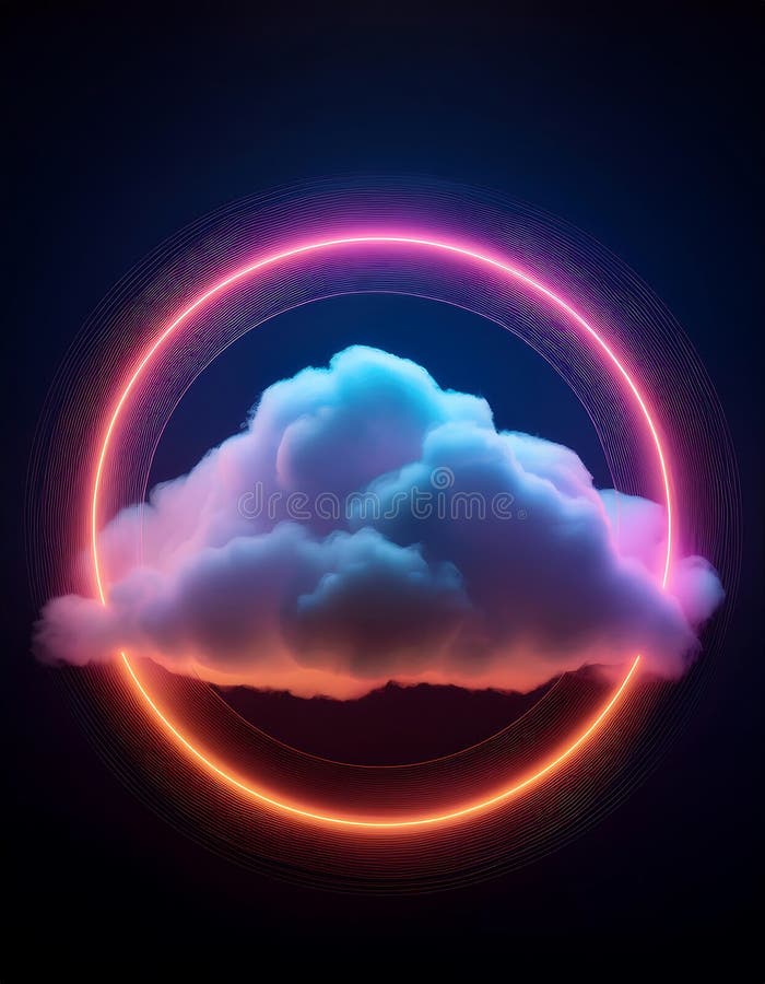 A Neon Ring Encircles a Soft Cloud in Dark Space, Creating a Calming ...