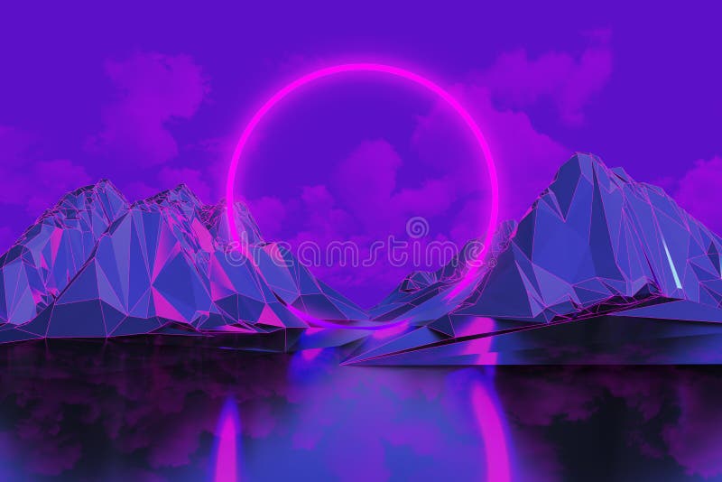 Neon Ring in Low Poly Mountains Stock Illustration - Illustration of ...