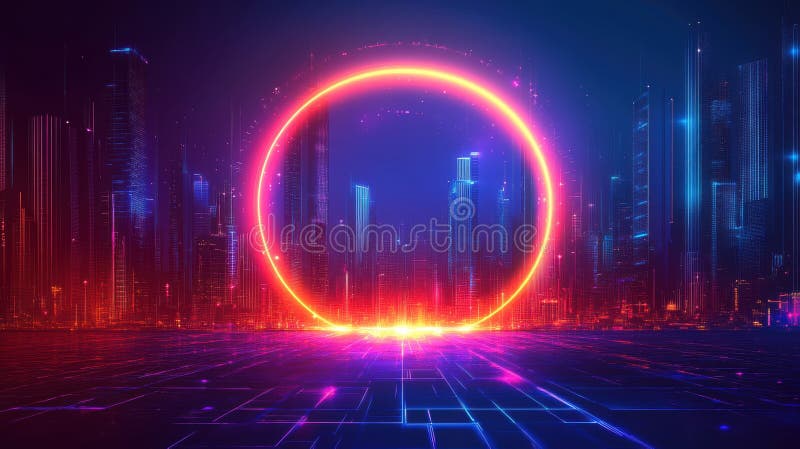 A Neon Ring in the Middle of a City with Buildings, AI Stock Image ...