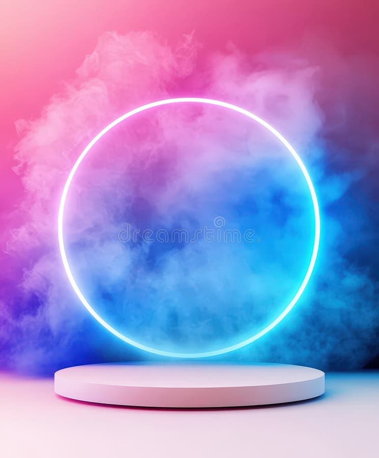 Neon Ring Stage with Colorful Smoke and Podium Stock Illustration ...