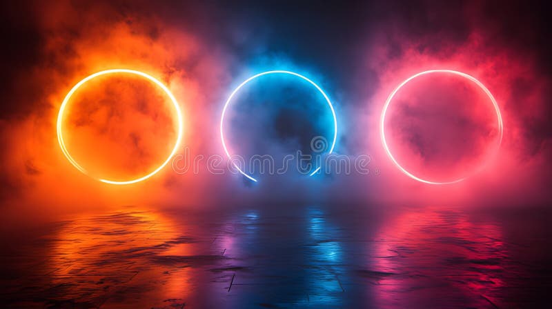Neon Rings Reflect on Smoky Studio Floor Stock Illustration ...