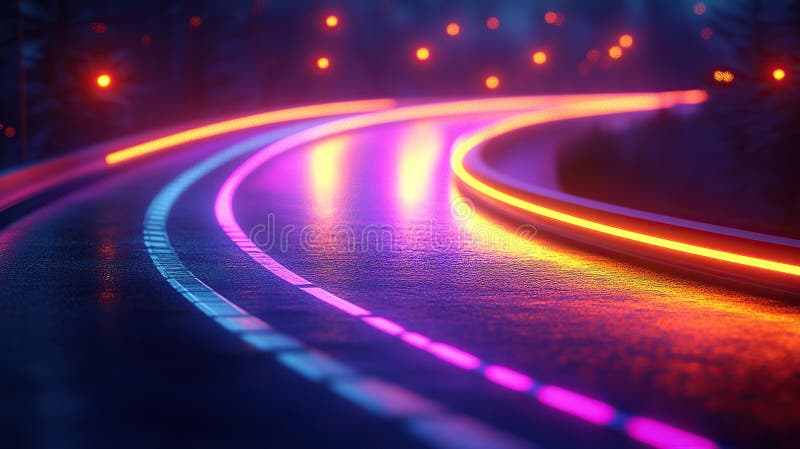 Neon Road Curves through Night Forest Glowing Lines, Background Lights ...