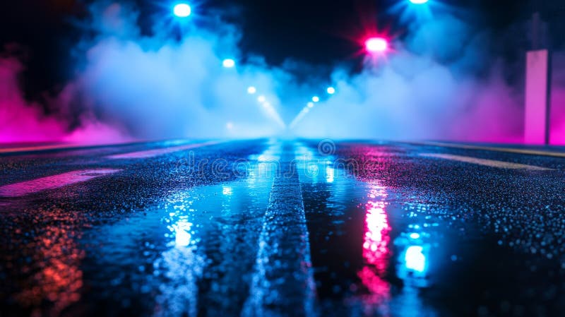 Neon Road with Fog and Reflections at Night a Vibrant View of a Wet ...