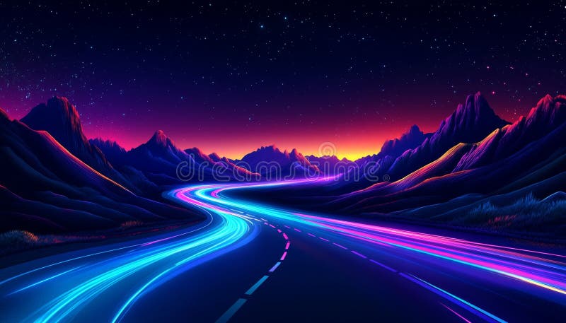 Neon Road through Neon Mountains, Night Highway with Long Exposure ...