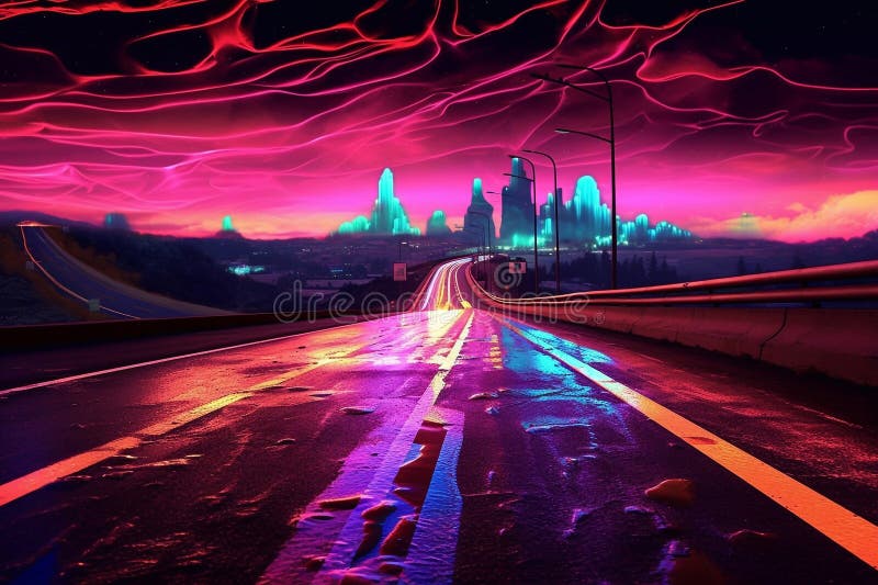 Neon Road. a New Way in Life. a Night Road Outside the City Stock ...