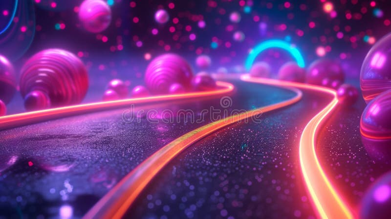 A Neon Road with Some Glowing Orbs on it, AI Stock Illustration ...