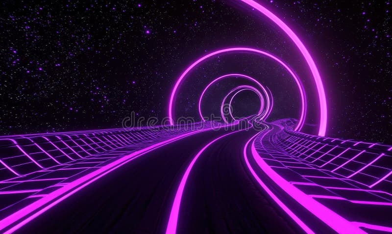 Neon Road through Space with Glowing Rings, Ideal for Sci-fi or ...