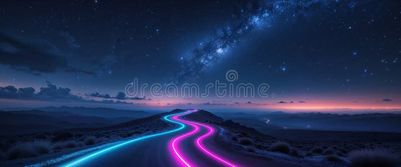 Neon Road Splits through Starry Night Landscape. Stock Image - Image of ...