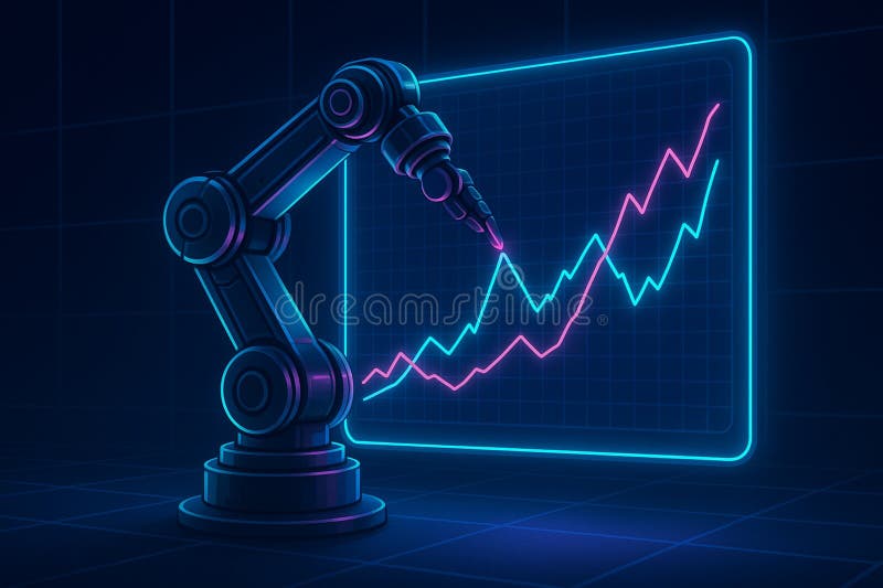 Neon Robot Arm Presenting Growth Line Chart Stock Illustration ...