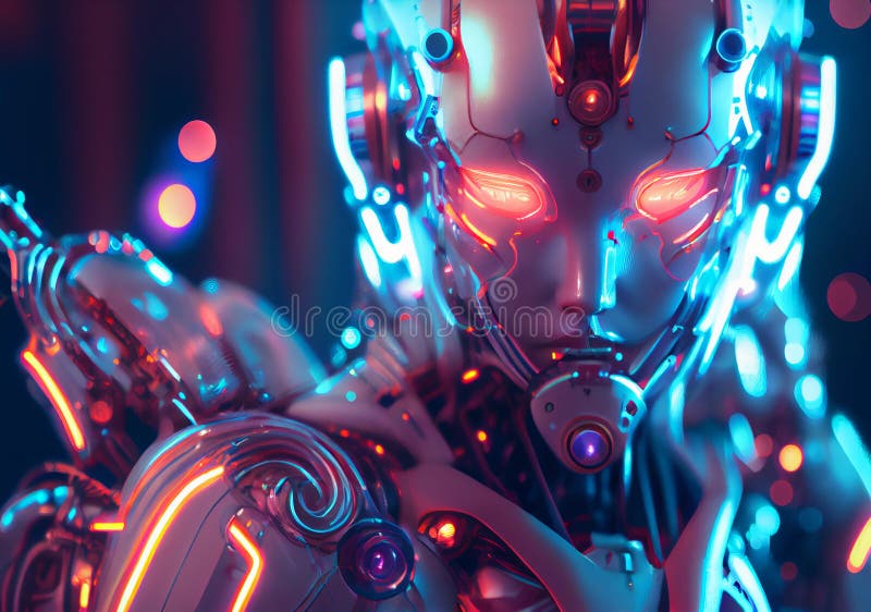 Neon Robot Close Angle. Glowing Eyes of a Robot Doll Stock Illustration ...