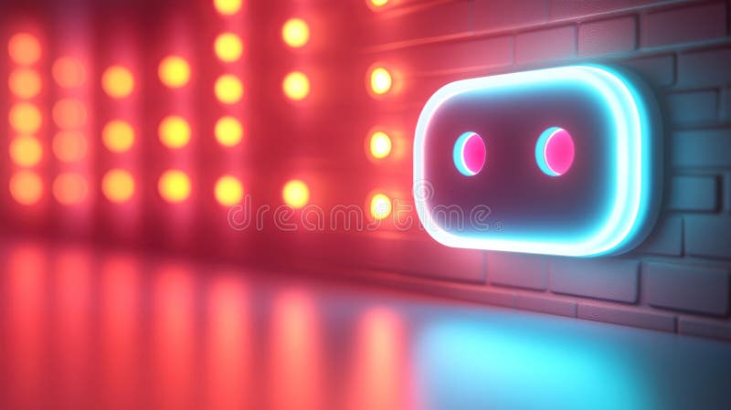 Neon Robot Face on Brick Wall, Red Lights Background, Futuristic ...