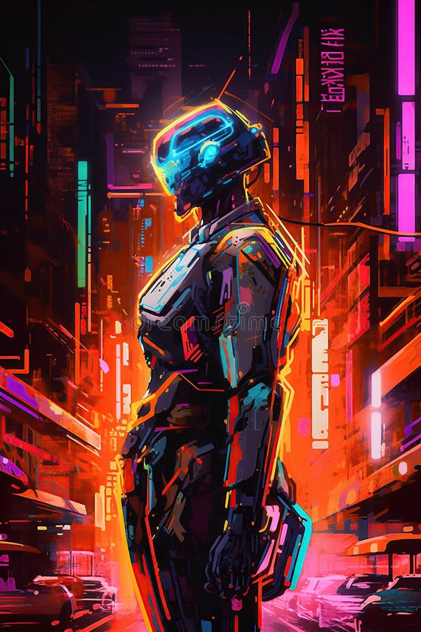 Neon Robot in a Futuristic Cityscape. Generative Ai Stock Illustration ...