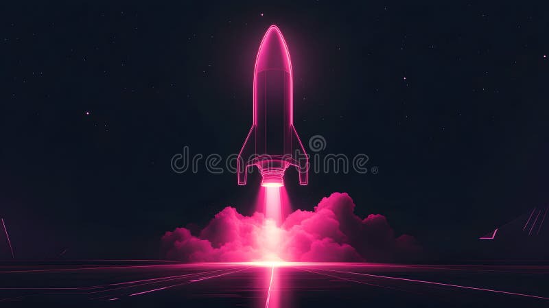 Neon Rocket Launch in Night Sky with Pink Glow and Clouds Stock Photo ...