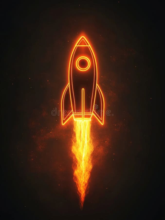 Neon Rocket Launching with Fiery Glow on Dark Space Background. Stock ...