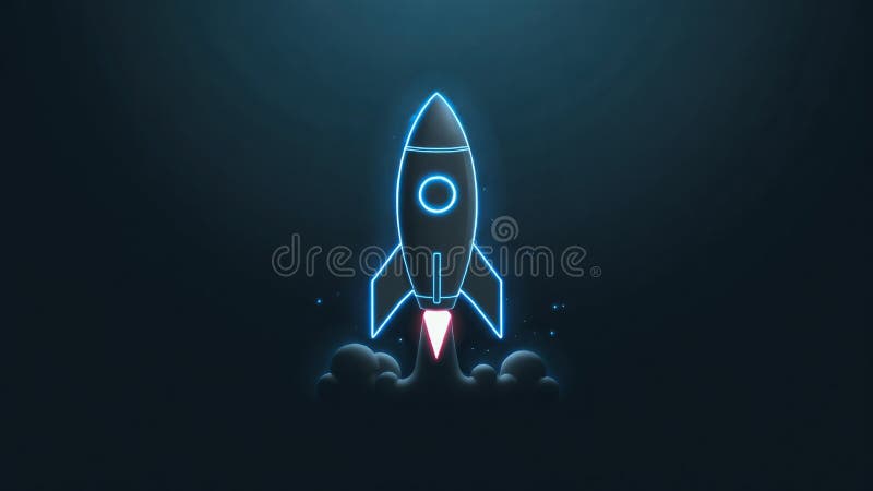 Neon Rocket Ship Taking Off Against a Dark Background Stock ...