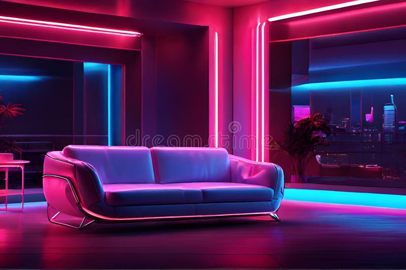 Interior of Stylish Living Room with Neon Lighting Stock Illustration ...