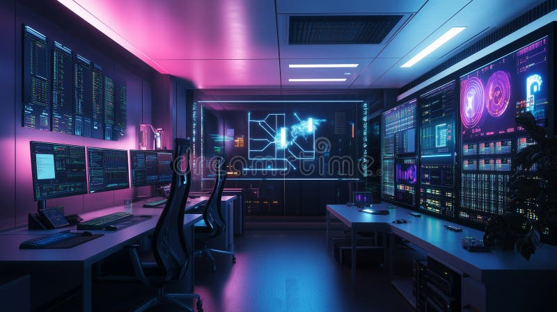 Neon Room with Computers and Multiple Wall Displays Stock Illustration ...