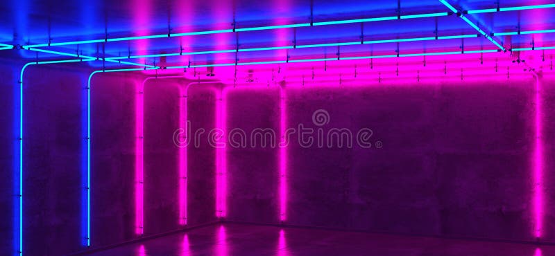 Neon Room, Concrete Wall and Floor, Glowing Neon Tubes Light ...