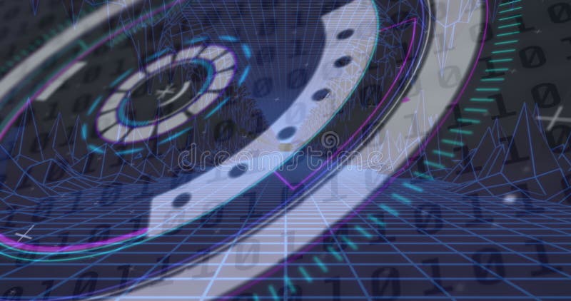 Neon Round Scanner Against Binary Coding Data Processing On Blue