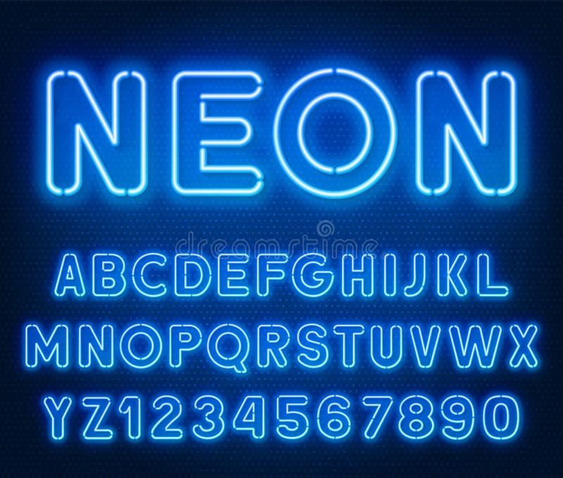Neon Rounded Blue Font, Glowing Alphabet with Numbers. Stock Vector ...