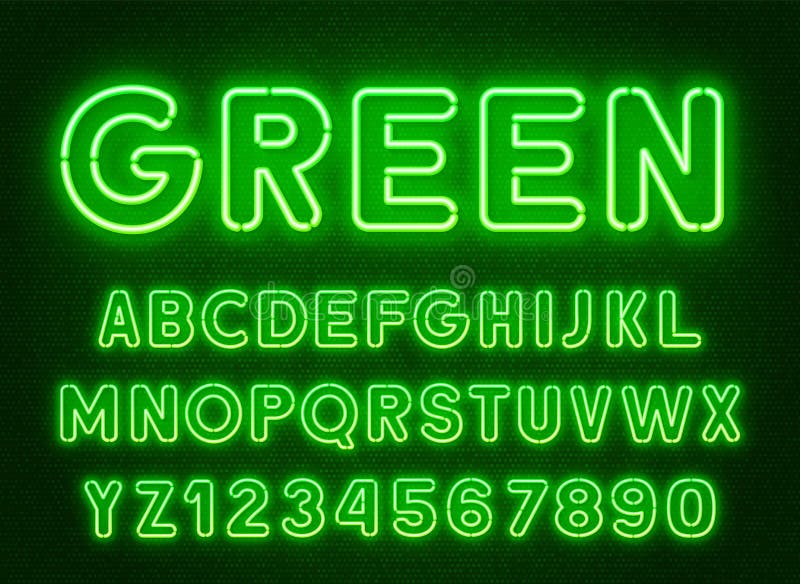 Neon Green Script Font. Glowing Alphabet with Letters, Numbers and ...