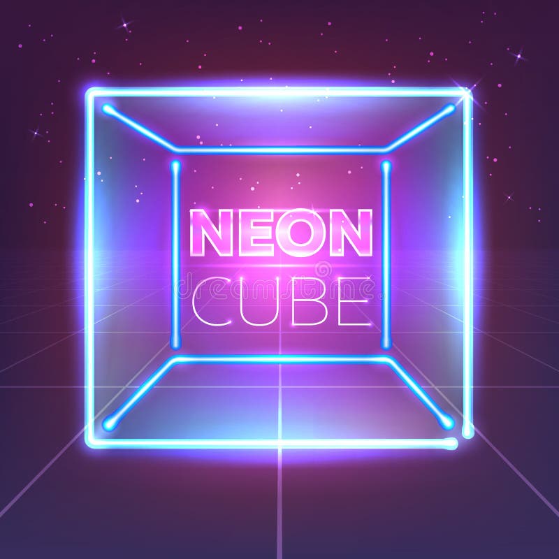 Neon 80s Styled Cube on Retro Game Landscape. Vector Glowing Box. Stock ...