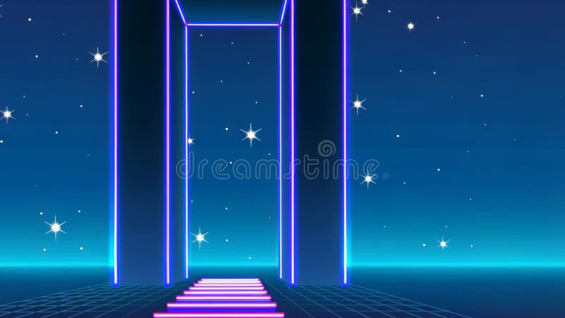 Neon 80s Styled Massive Gate in Retro Game Landscape with Shiny Road To ...