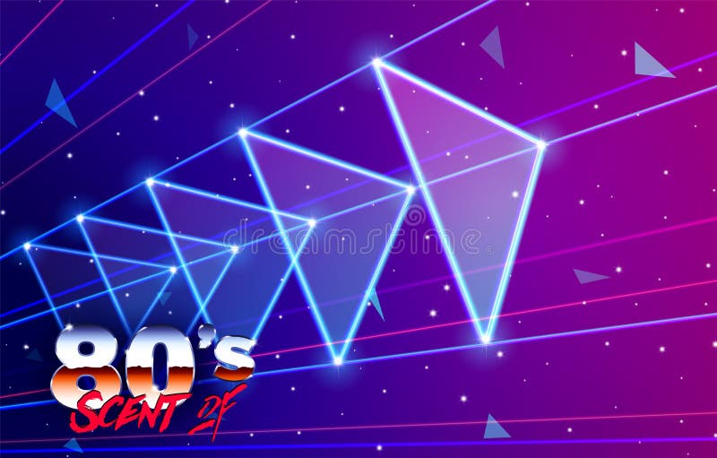 Neon 80s Styled Triangles Flying in Space with Laser Rays Stock Vector ...
