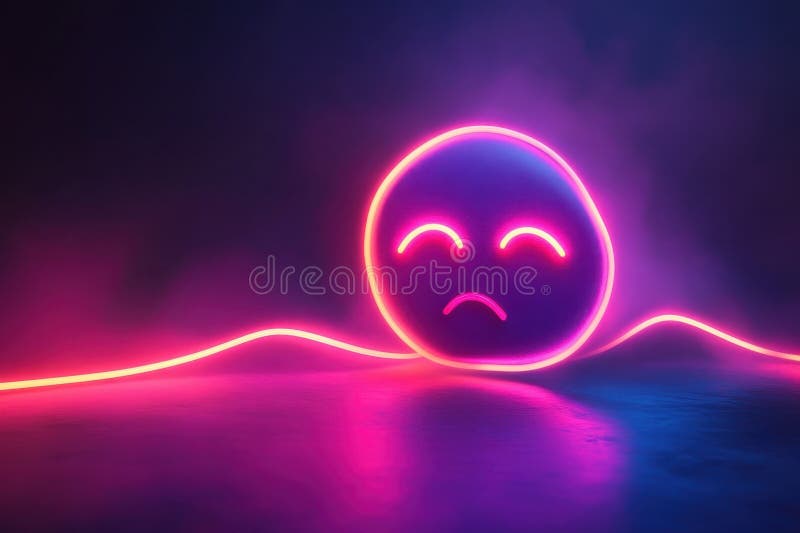 Neon Sad Face Character Glowing Softly in Purple and Pink Light on a ...